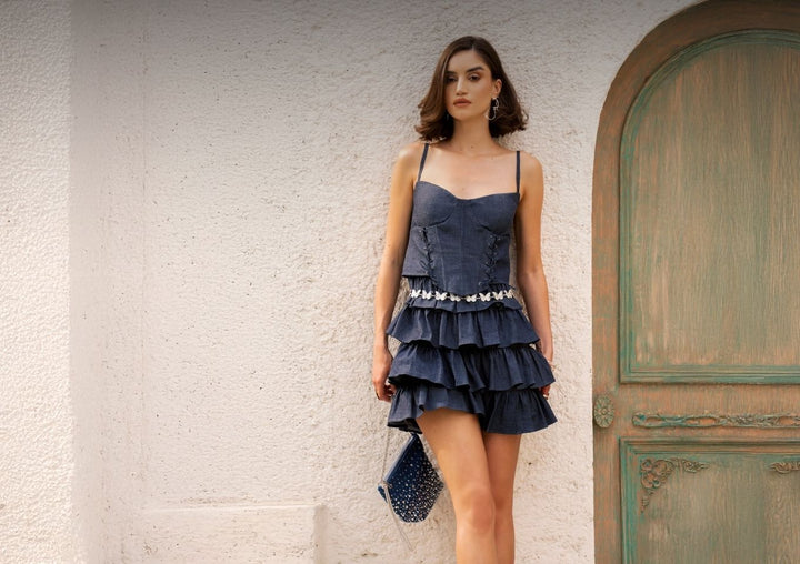 Midnight Firefly Print Ruffle Dress